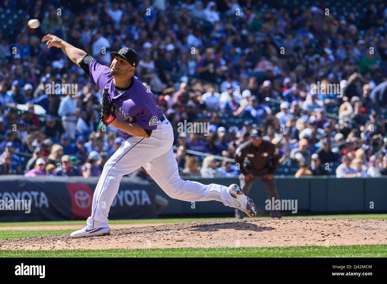 Denver CO, USA. 10th Apr, 2022. Colorado pitcher Jhoulys Chacin (43 ...