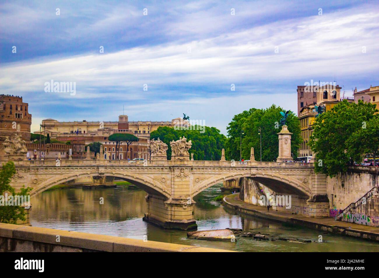 View of Tiber River with Castel St. Angelo and Bridge -Pedestrian ...