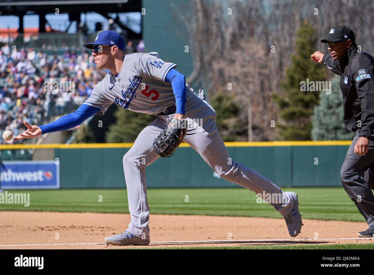 Denver CO, USA. 10th Apr, 2022. Los Angeles first baseman Freddie ...