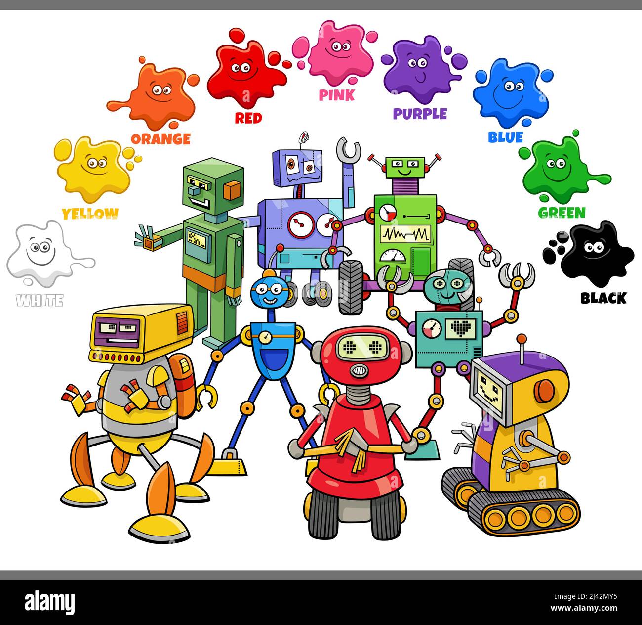 Educational cartoon illustration of basic colors with colorful robot ...