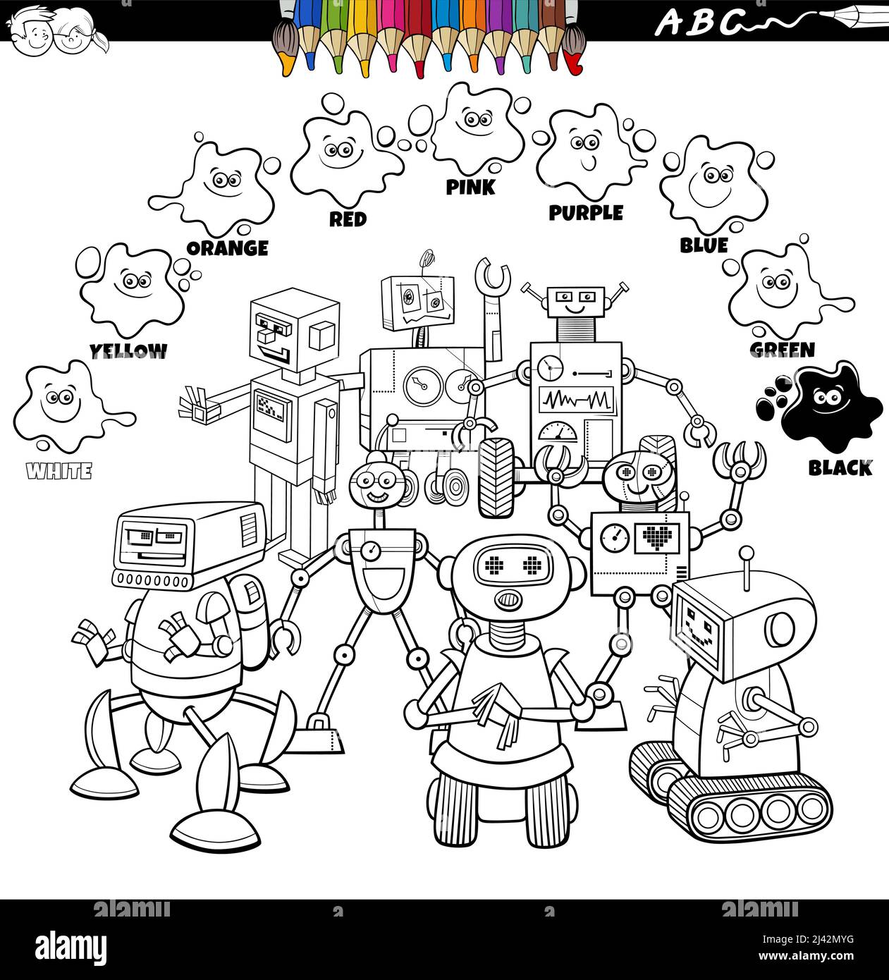 Black and white educational cartoon illustration of basic colors with ...