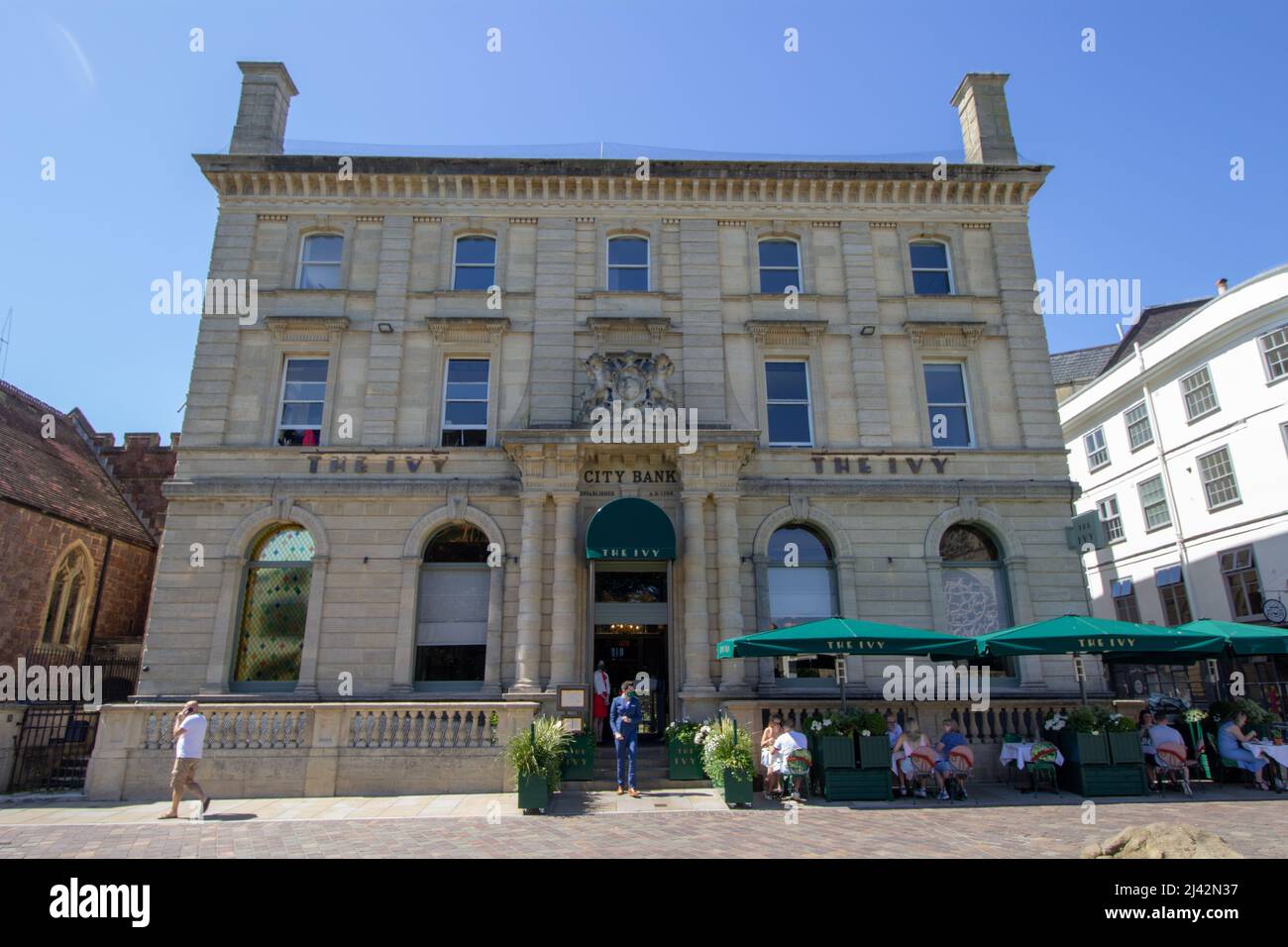 EXETER, UK - JULY 18, 2021 the old City Bank building now The Ivy ...