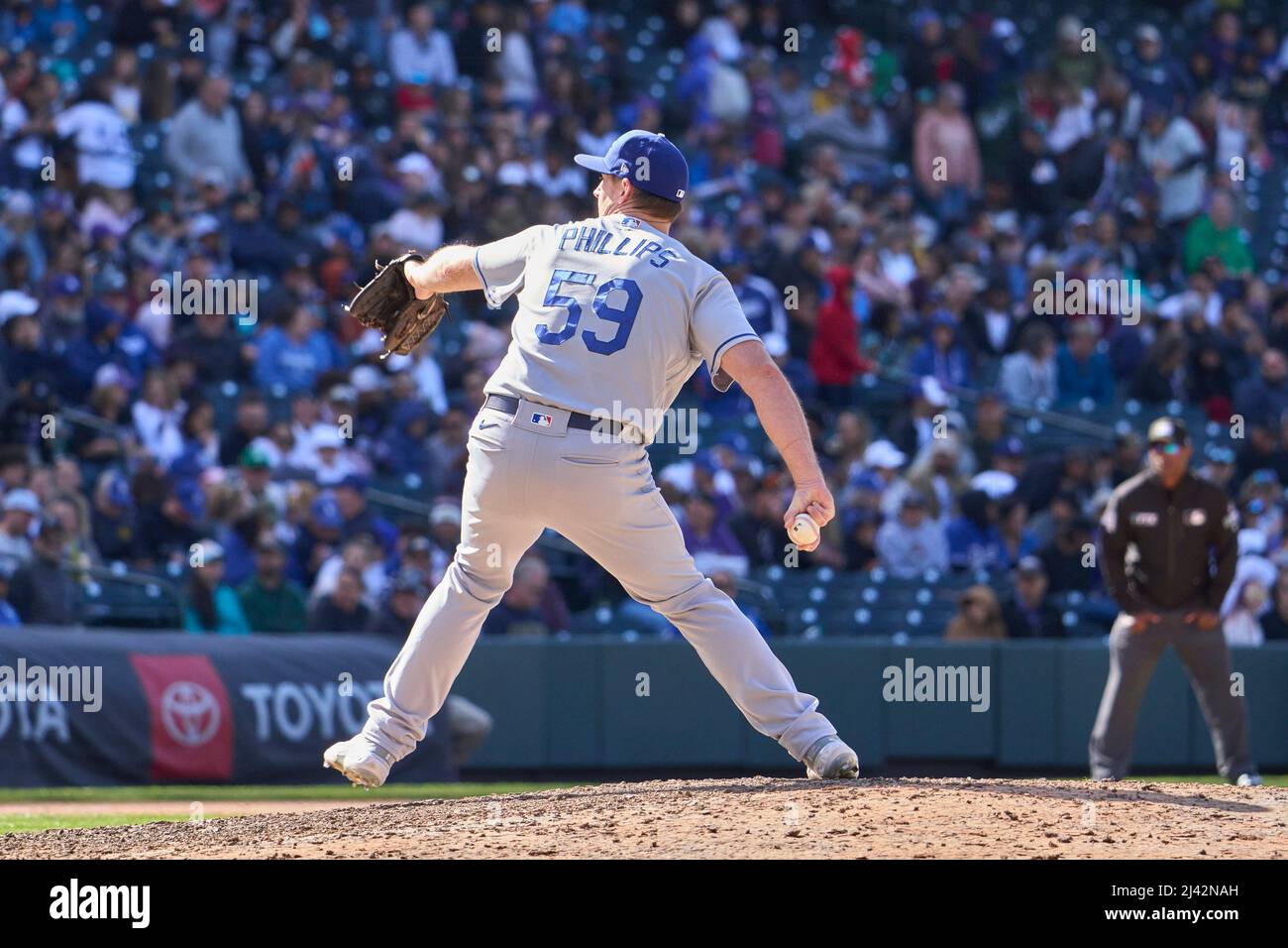 Denver CO, USA. 10th Apr, 2022. Los Angeles pitcher Evan Phillips (59 ...