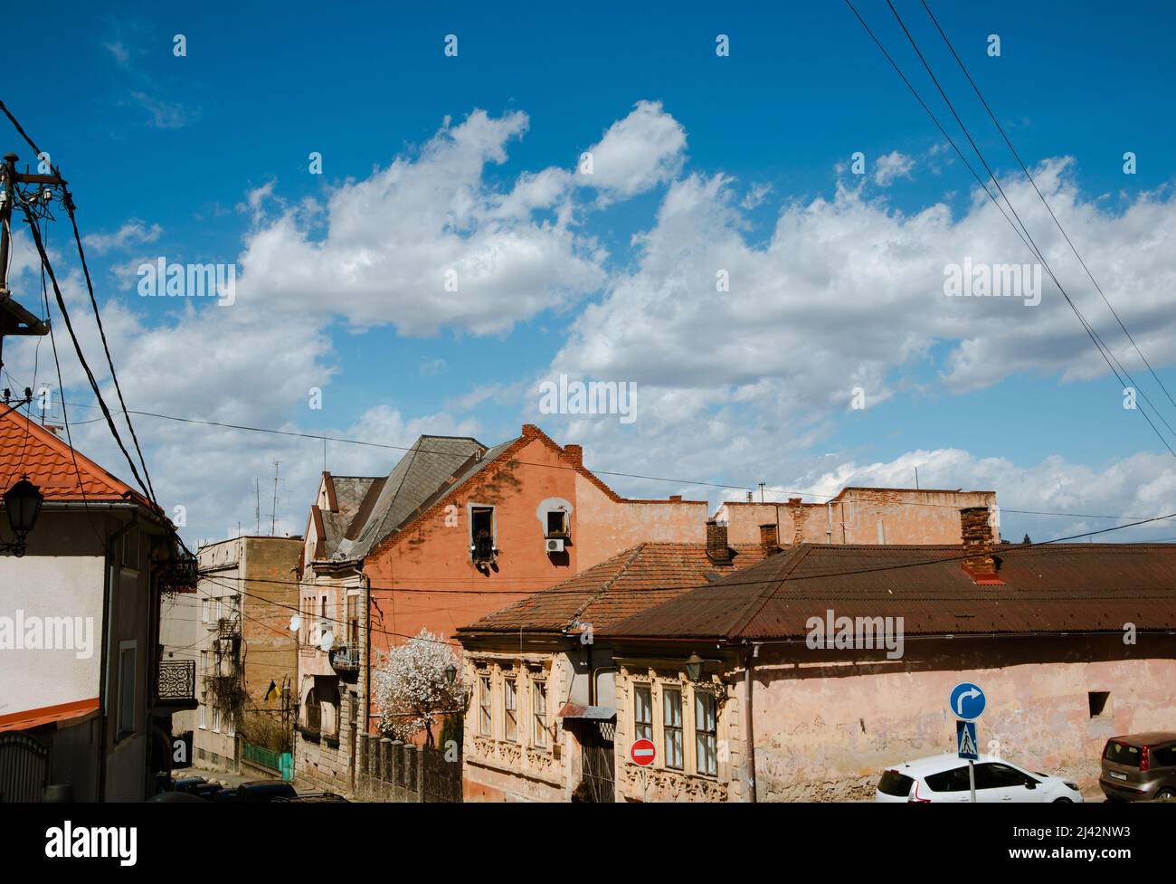 Uzhgorod, Ukraine. April 11, 2022. Beautiful European old town, facades ...