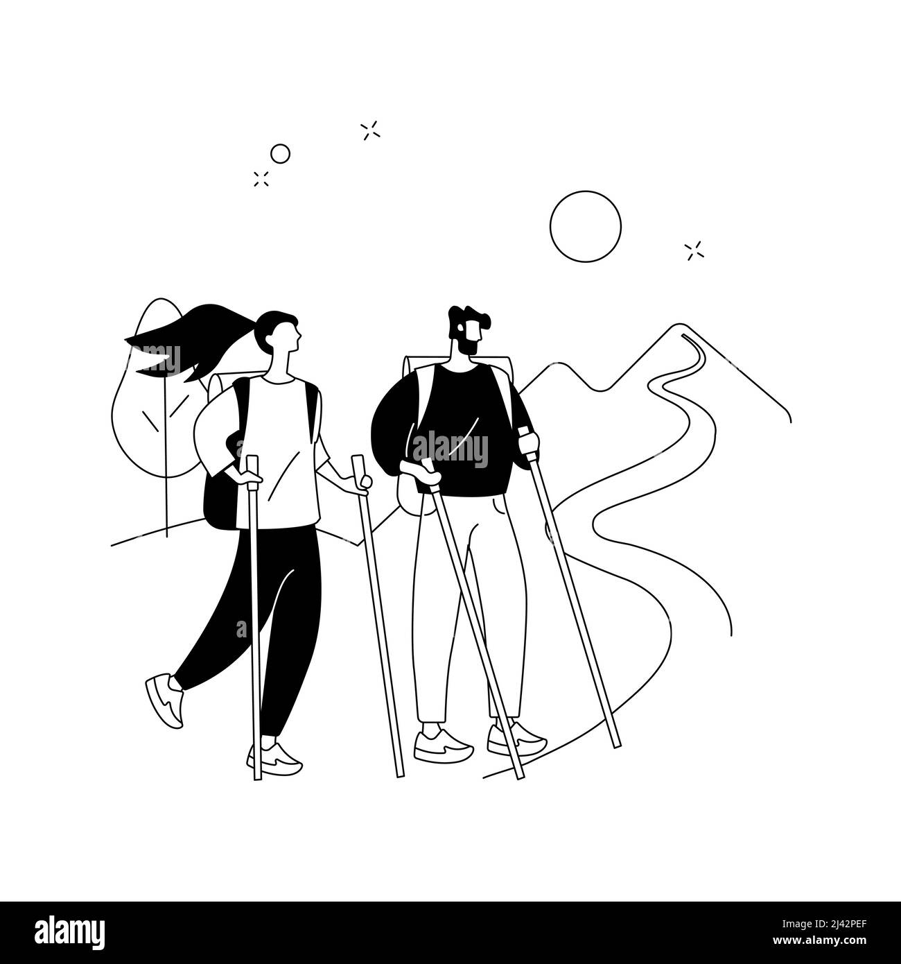 Summer hiking abstract concept vector illustration. Hiking in heat ...