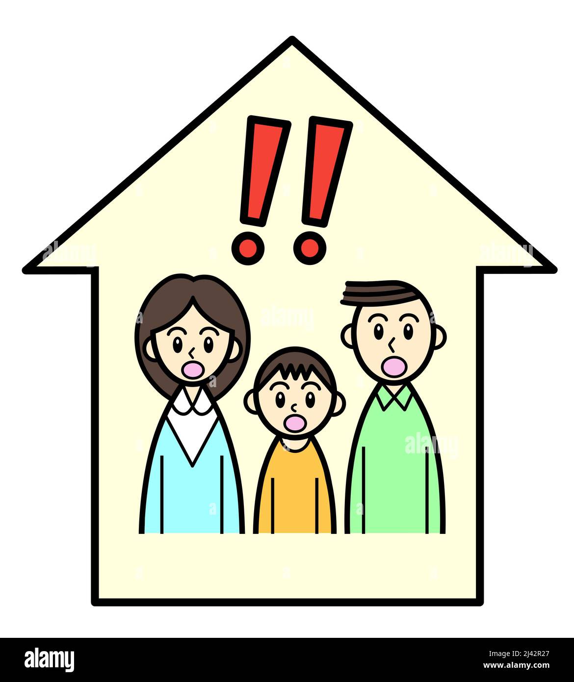 A family of three with exclamation marks in house Stock Photo - Alamy
