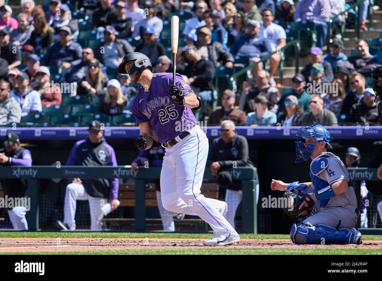 Denver CO, USA. 10th Apr, 2022. Colorado digested hitter C.J. Cron (25) in action during the ...