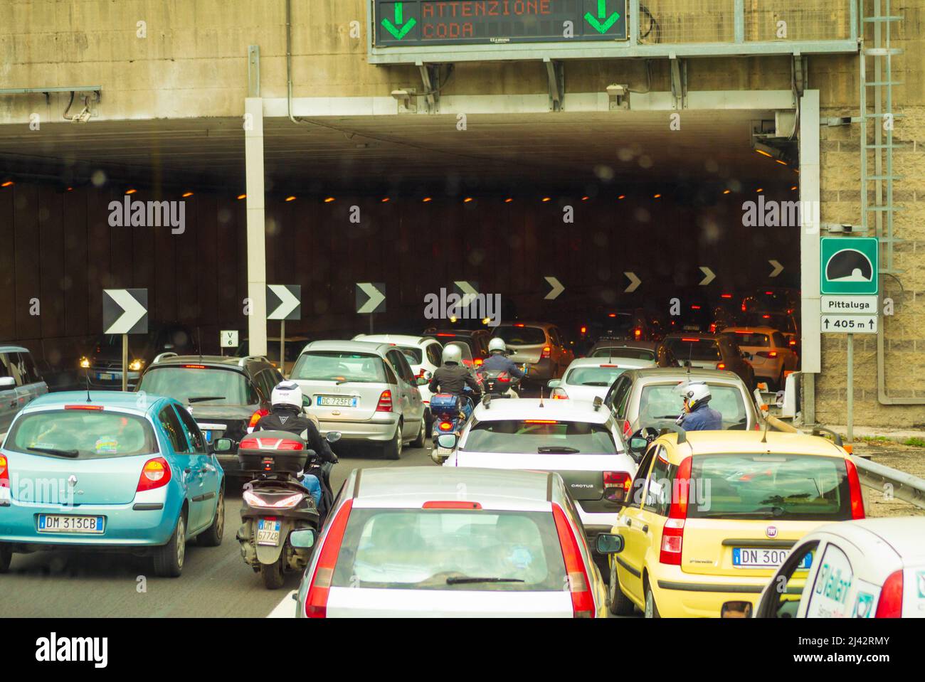Heavy traffic in a road tunnel in Rome Italy. Nuova Circonvallazione ...