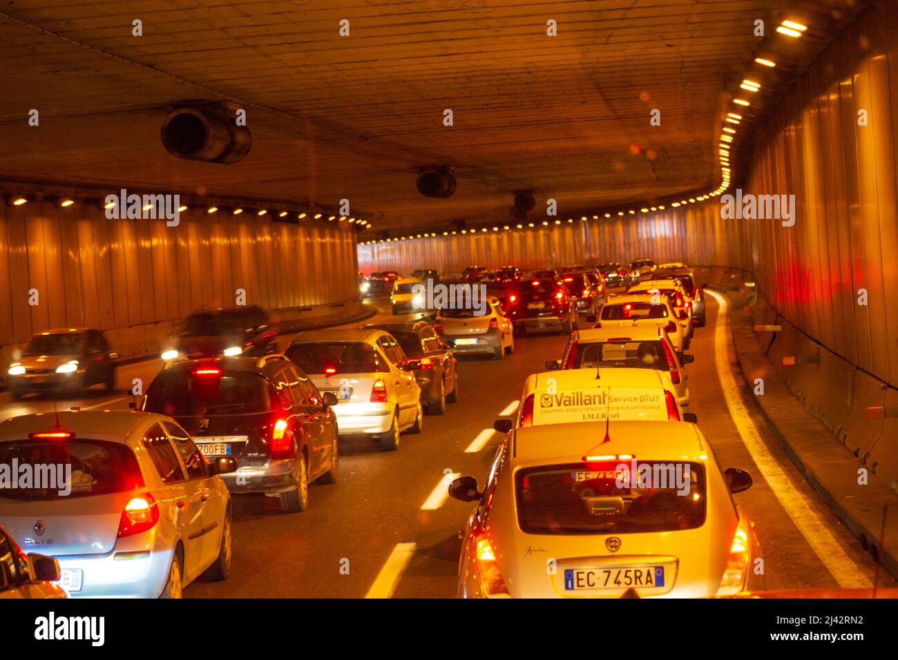 Heavy traffic in a road tunnel in Rome Italy. Nuova Circonvallazione ...