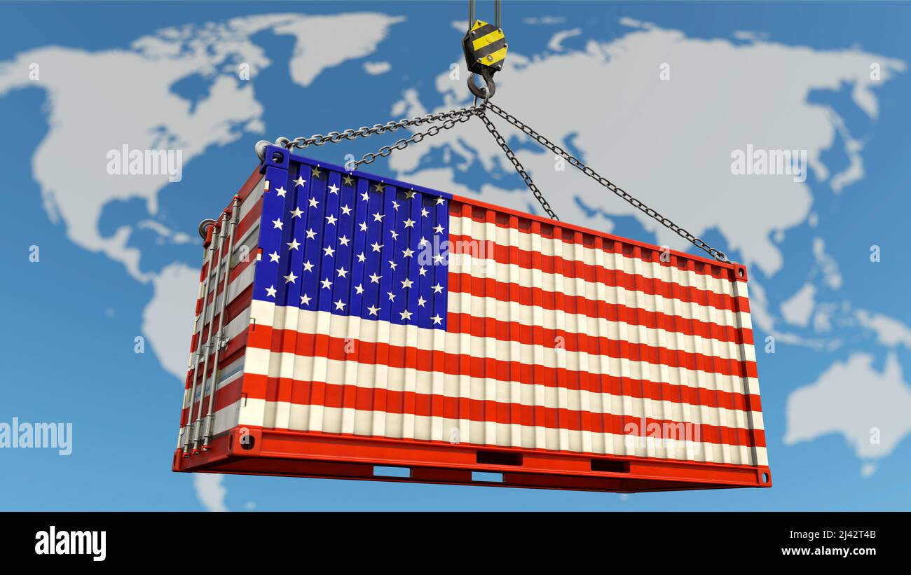 American export economy - container with American flag and world map in ...