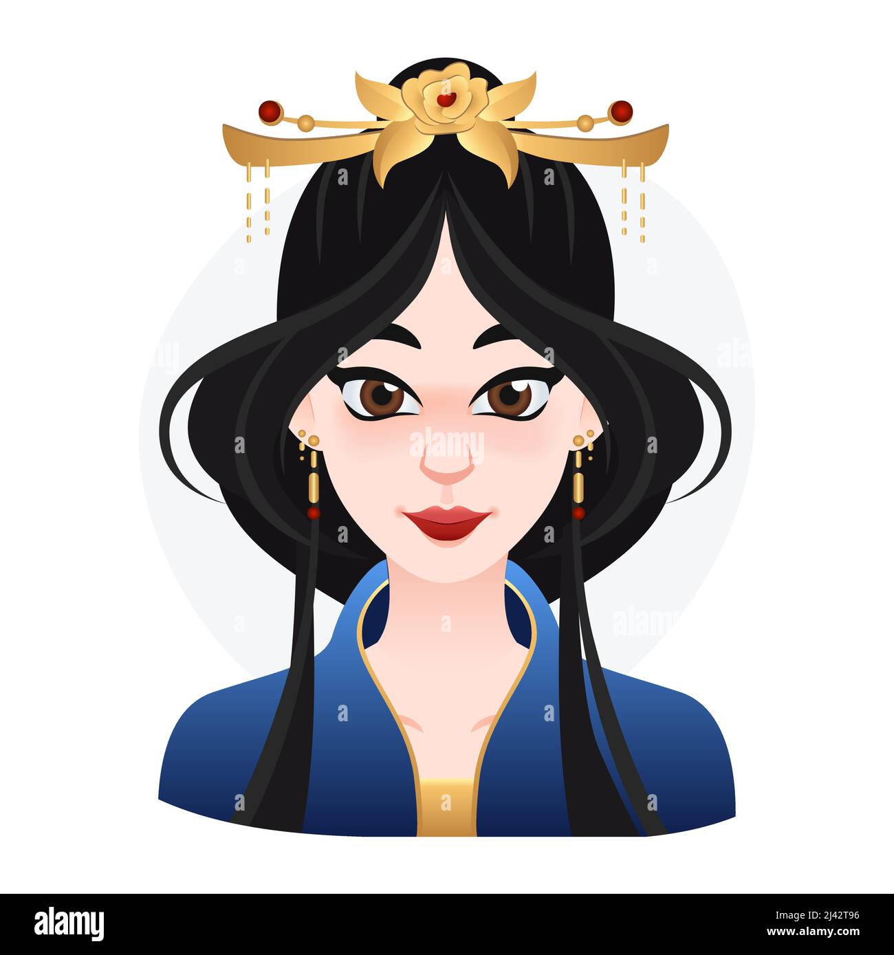 Cartoon oriental beautifull woman. Long black hair with crown on top ...