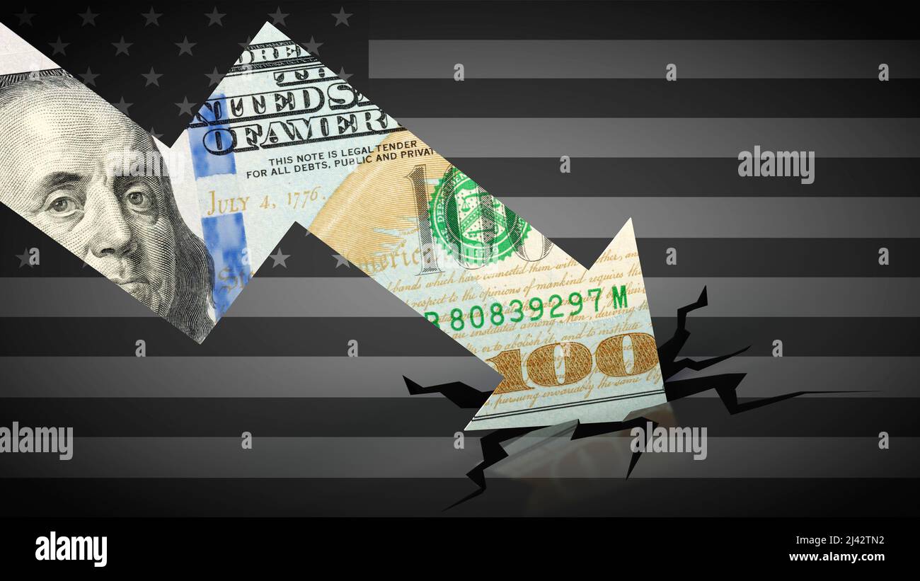Crashing graph with Dollar note and US flag in background Stock Photo ...
