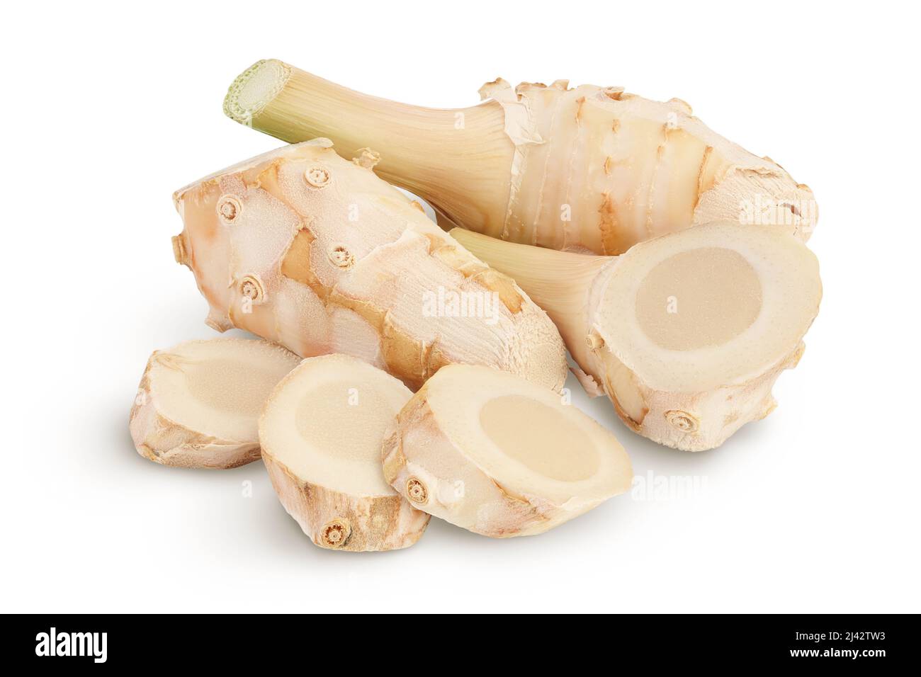 Fresh galangal root with slices isolated on white background with ...