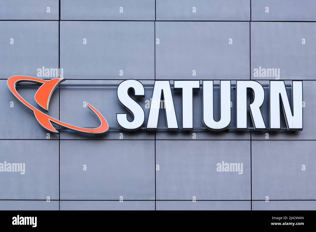 Facade of an electronics store with advertising hi-res stock ...