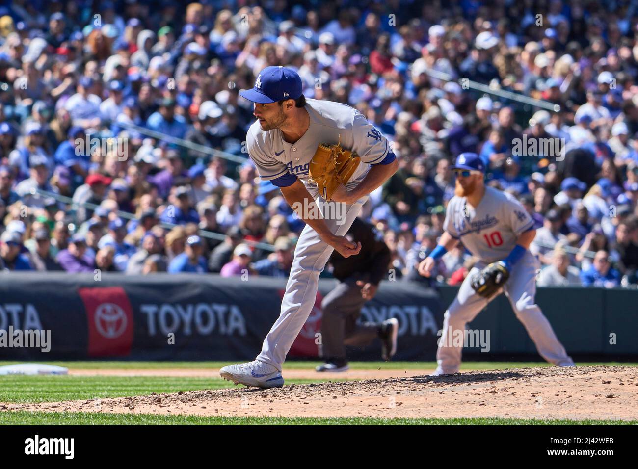 Denver CO, USA. 10th Apr, 2022. Los Angeles pitcher Mitch White (66 ...