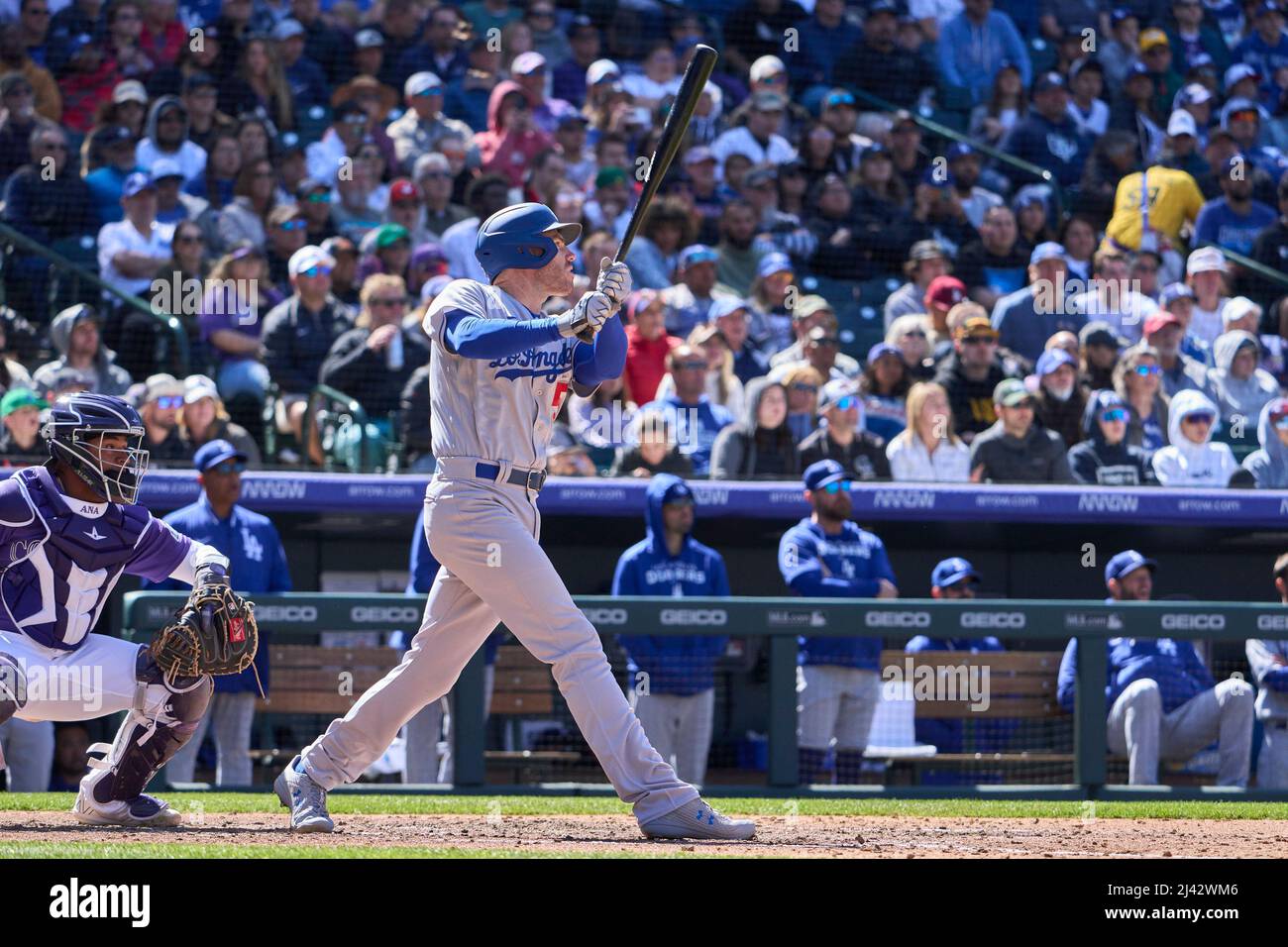 Denver CO, USA. 10th Apr, 2022. Los Angeles first baseman Freddie ...