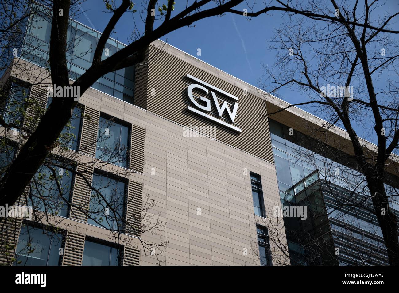 A general view of a George Washington University logo on building on ...