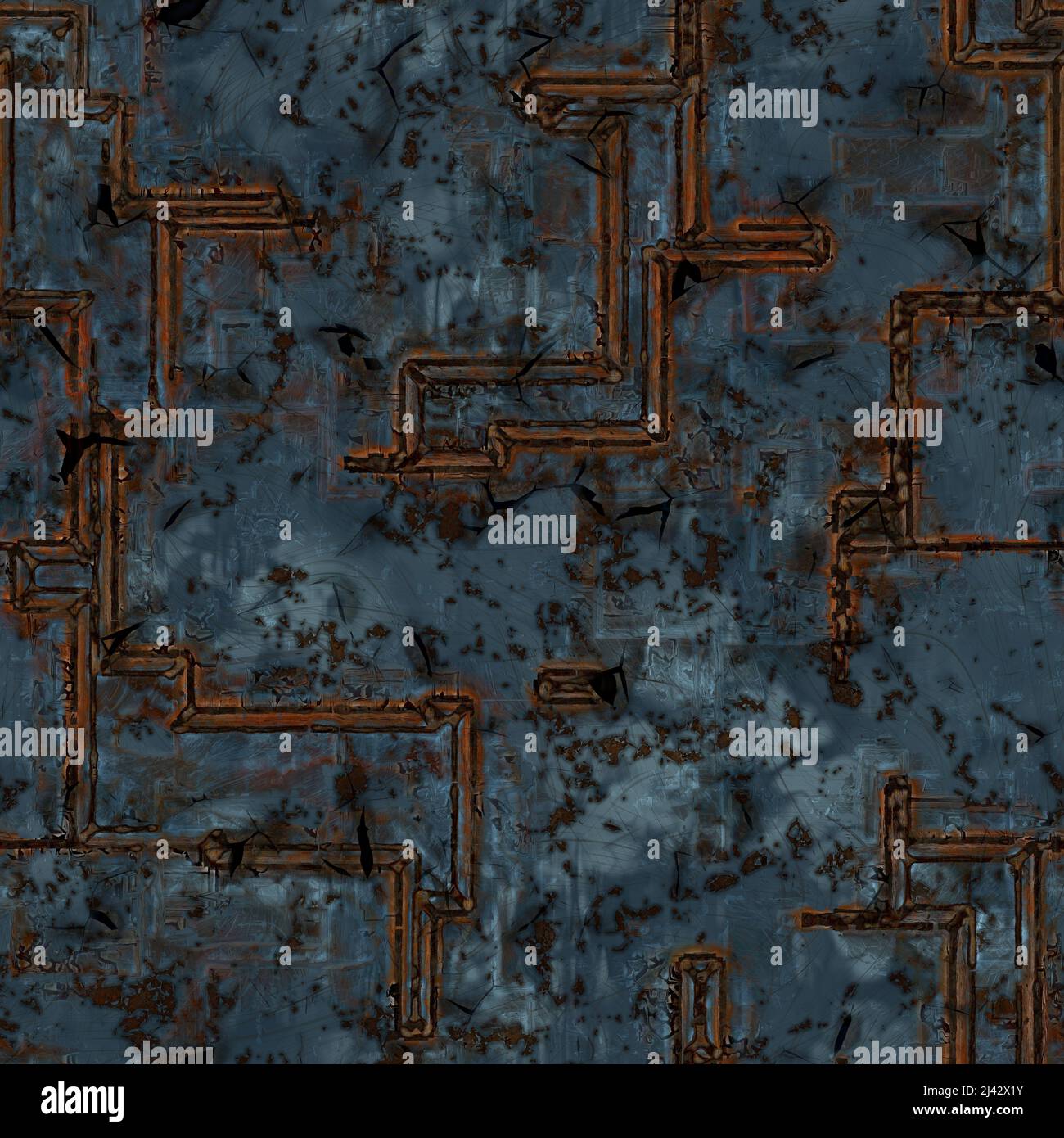 Rusty welded metal plates with alternative panel layout, derelict ...