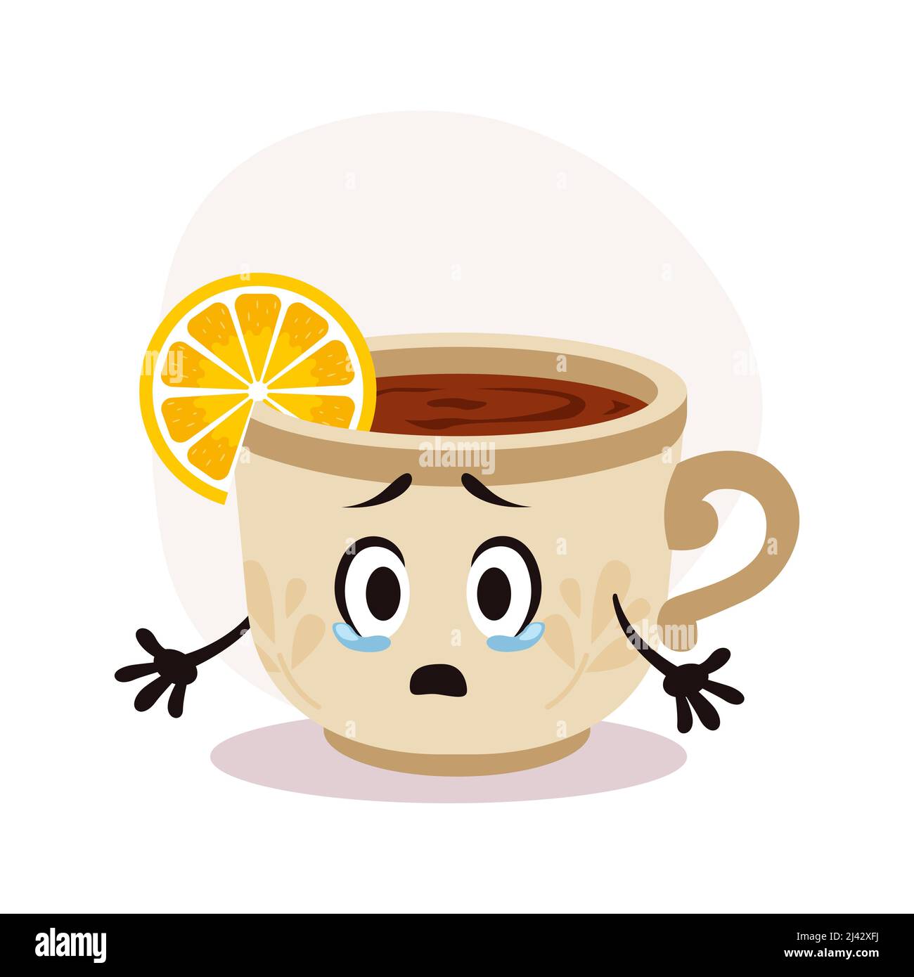 Vector white tea cup with hot drink. Tea with lemon piece. Crying ...