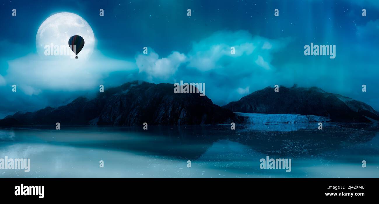 Magical Night Scene with Full Moon in cloudy sky and Hot Air Balloon ...