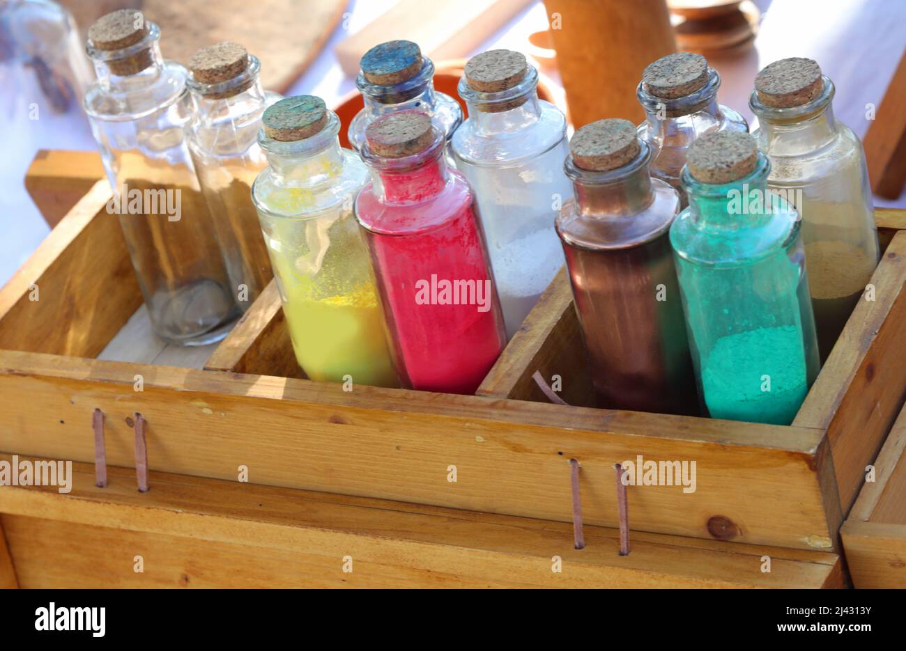 many bottles with organic dyes used to color fabrics during the ...