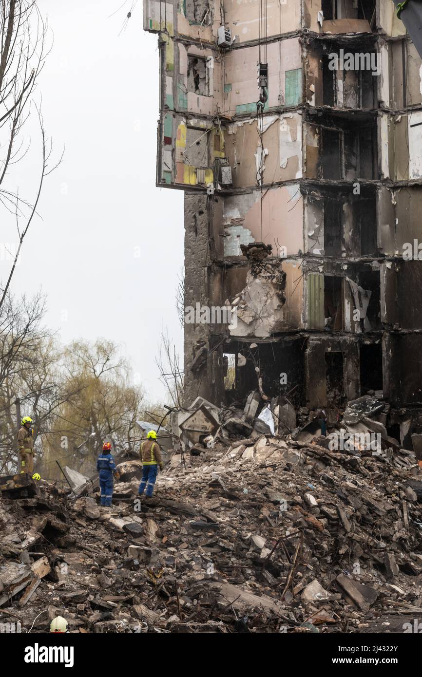BORODYANKA, UKRAINE - Apr. 10, 2022: Rescue workers continue to ...