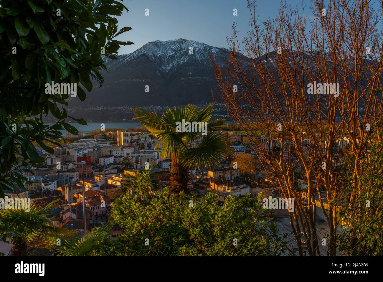 View over Maggiore lake and Locarno town in spring sunny color morning ...
