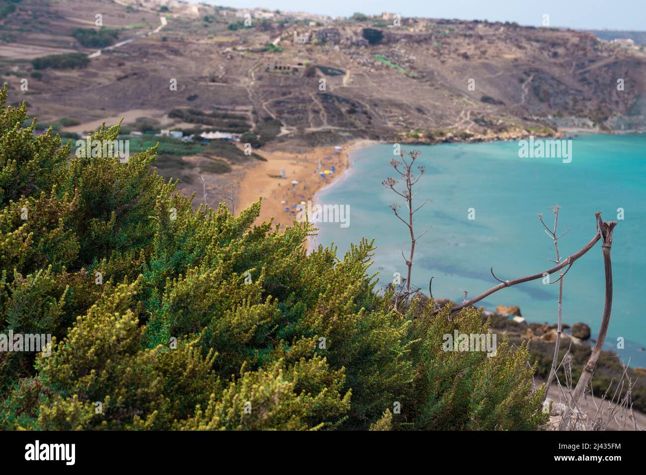 View at beautiful Ramla Beach from Tal Mixta Cave, Malta Stock Photo ...