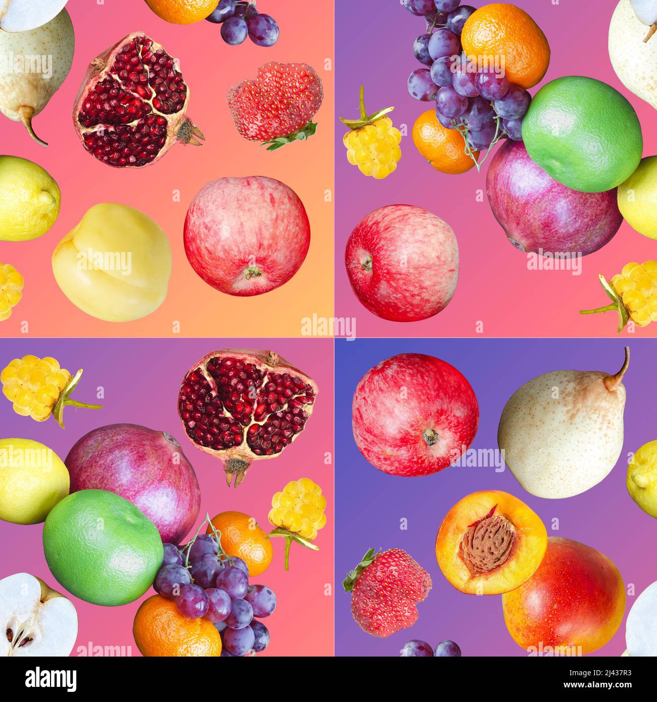 Seamless colorful pattern with various fruits on a colored gradient ...