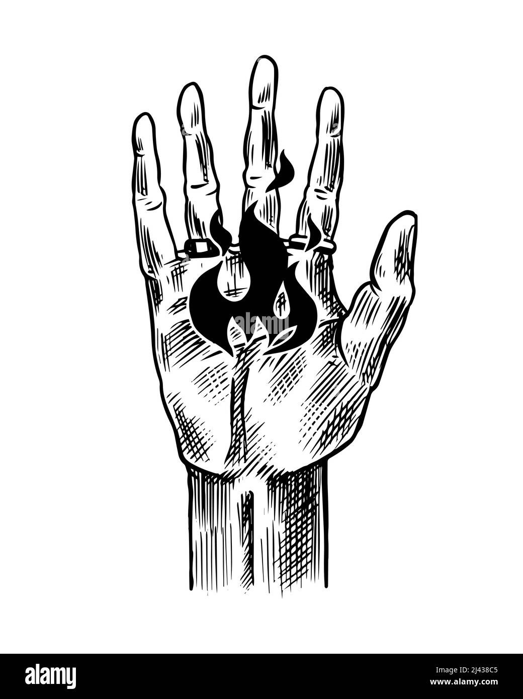 Boho mystic hand with fire. Arcane Esoteric icon. Vintage engraving ...