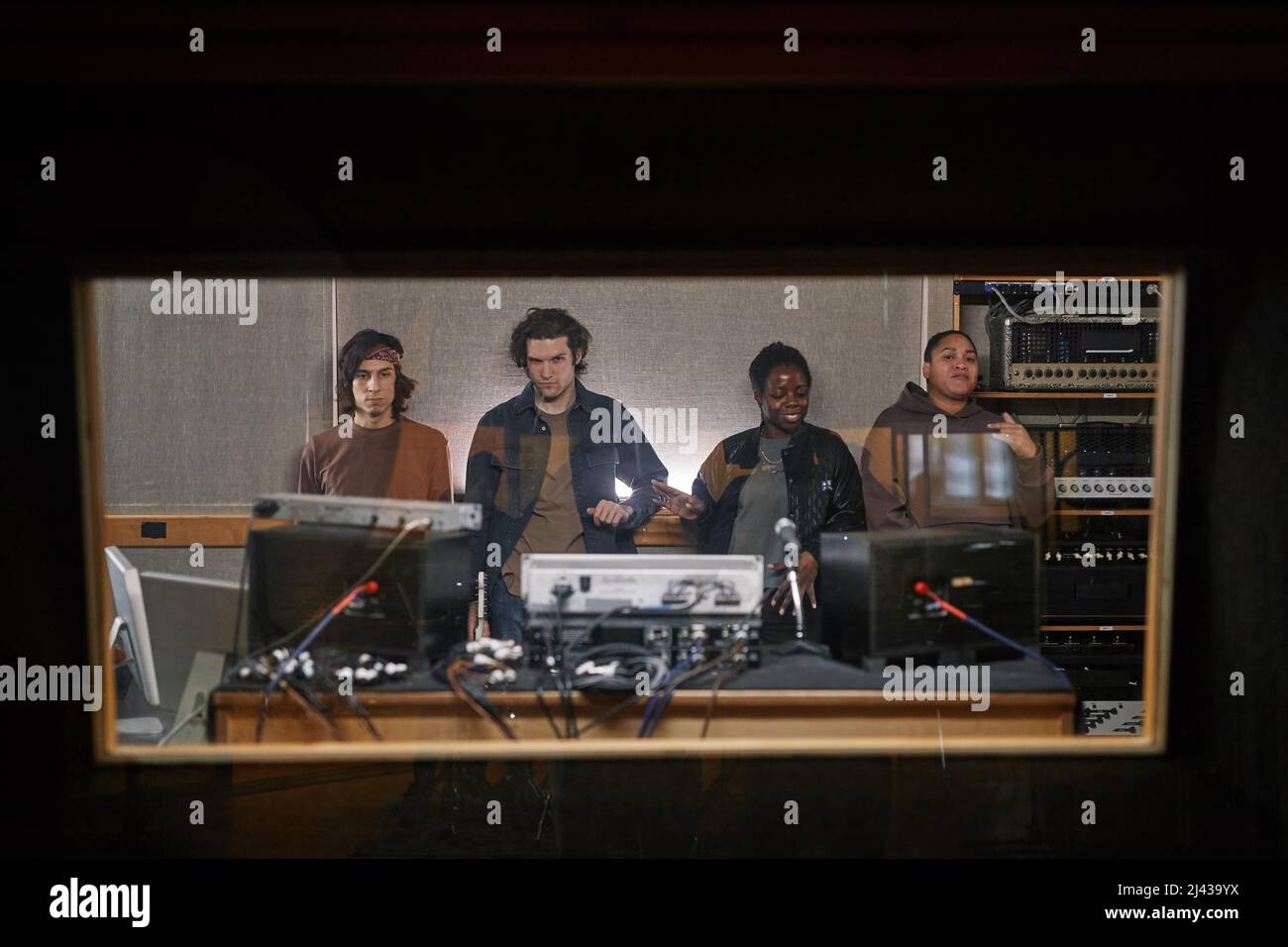 Graphic portrait of diverse music band composing new album in ...