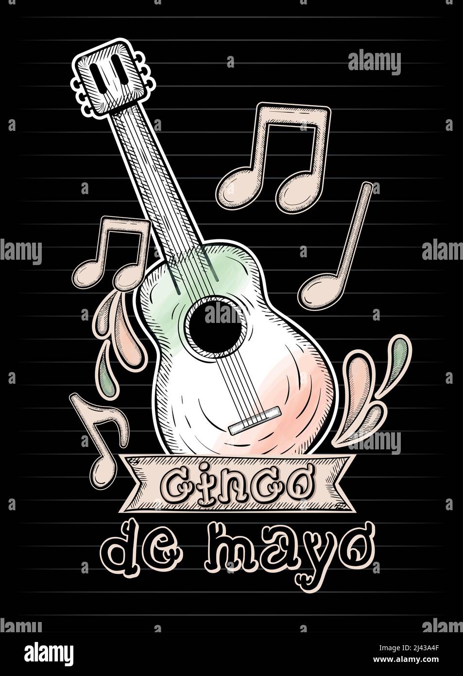 Sketch of a wooden guitar with musical notes Vintage Cinco de mayo ...