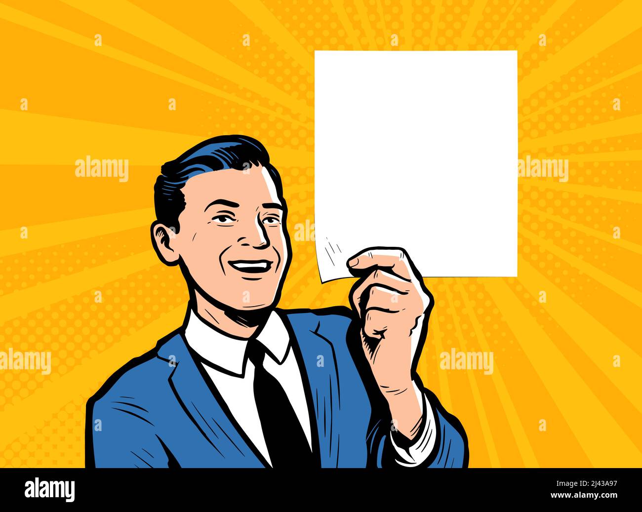 Businessman holding blank in retro comic pop art. Presentation ...