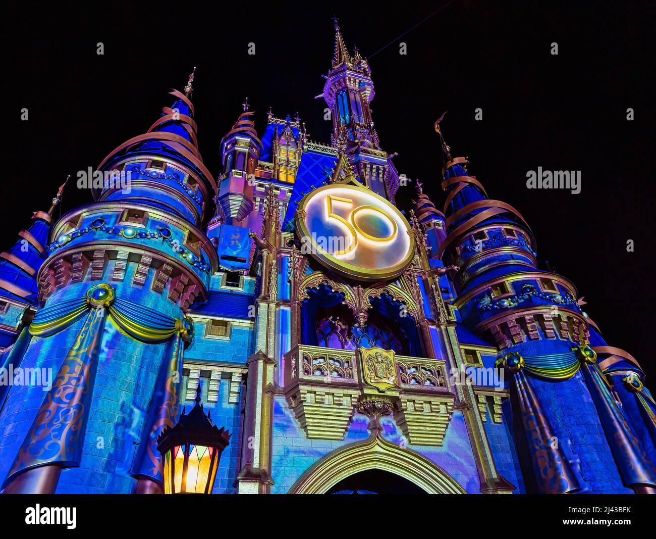 Cinderella Castle with night projections for the 50th celebration Stock ...
