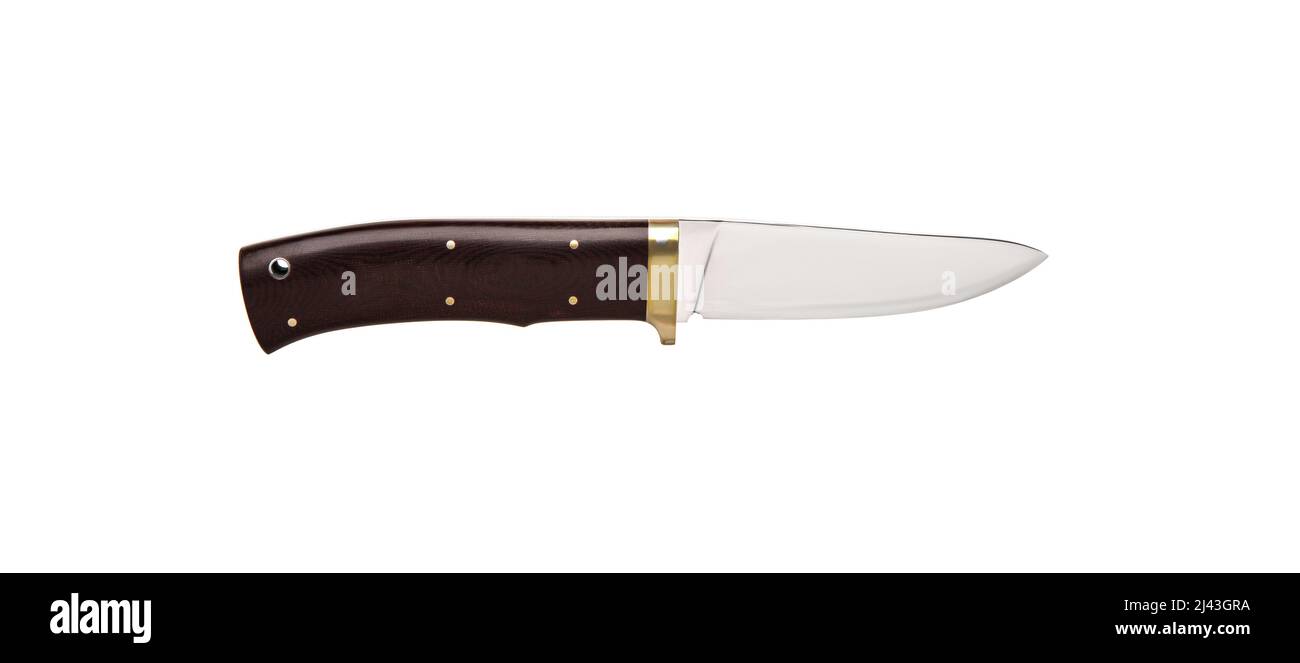 Modern hunting knife with silver blade and rubber handle. Steel arms ...