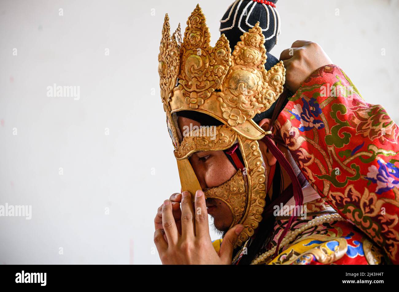 Kathmandu, Nepal. 11th Apr, 2022. A monk gets ready for his performance ...