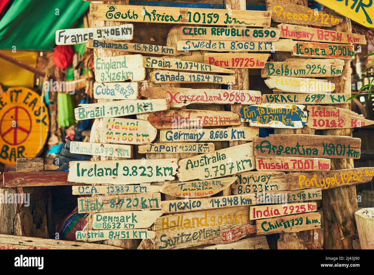 Where to next. Shot of a sign in a bar showing the distance to various ...