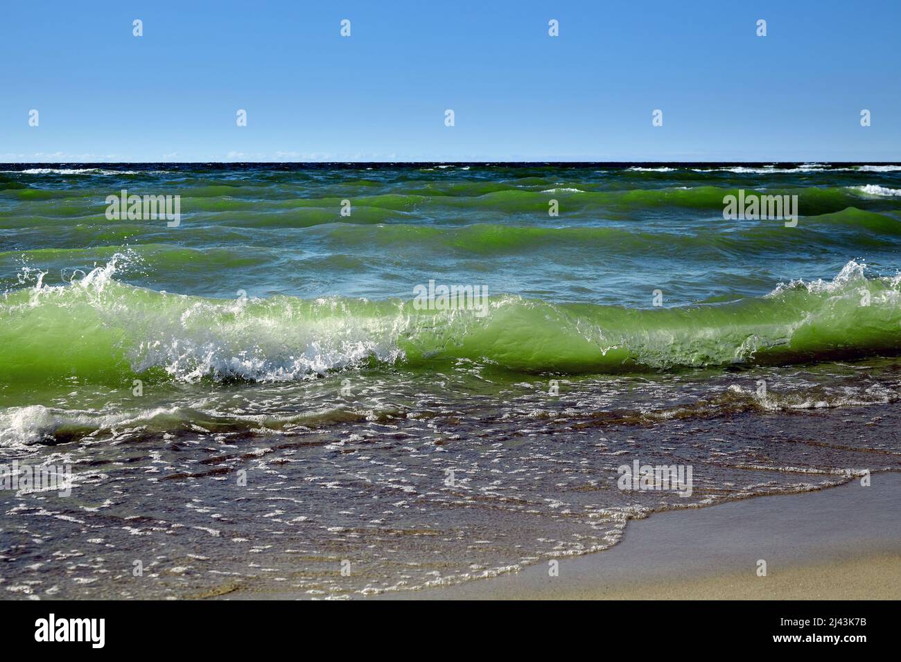 Turquoise sea wave rolls on the sandy shore Stock Photo - Alamy