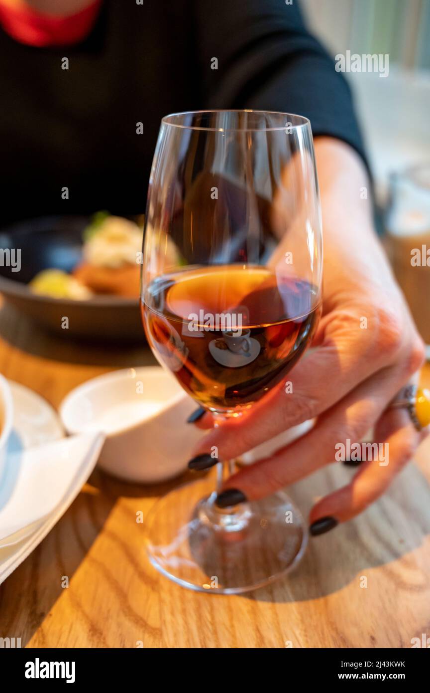 Sweet digestif sherry fortified wine served after dinner in restaurant ...