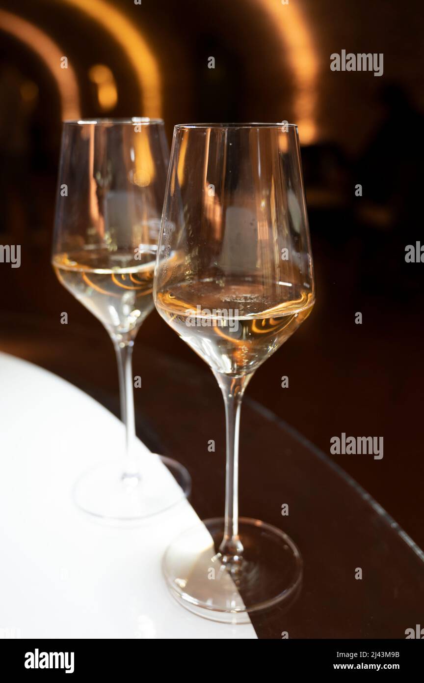 Tasting of brut champagne sparkling wine produced by traditional method ...