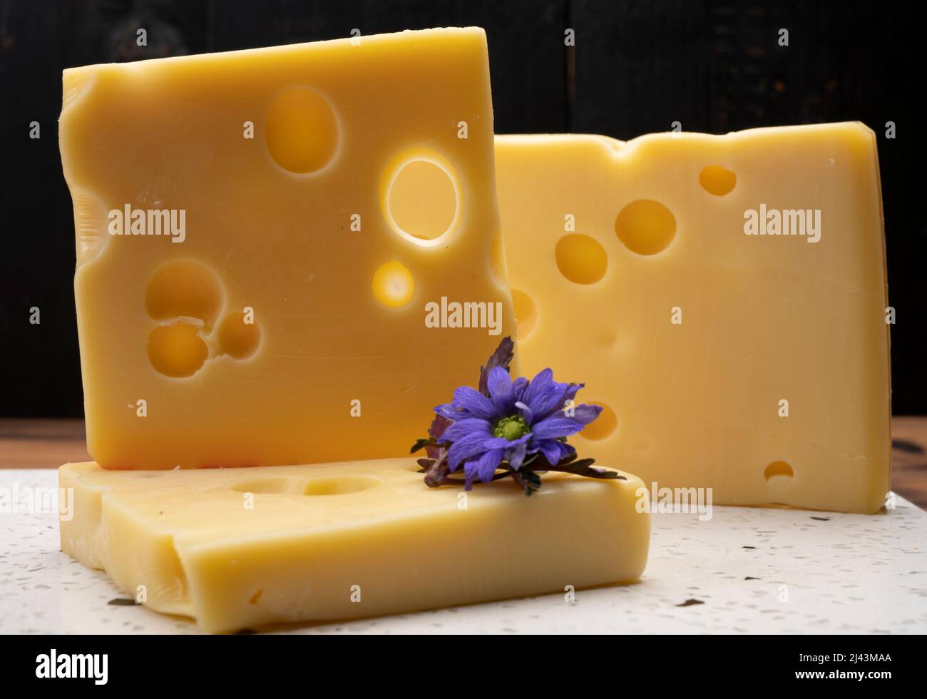 Swiss cheese collection, yellow emmentaler or emmental cheese with ...