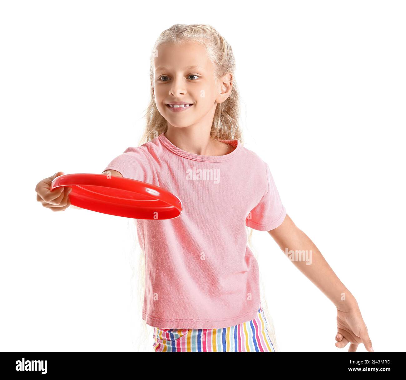 Funny little girl playing frisbee on white background Stock Photo - Alamy