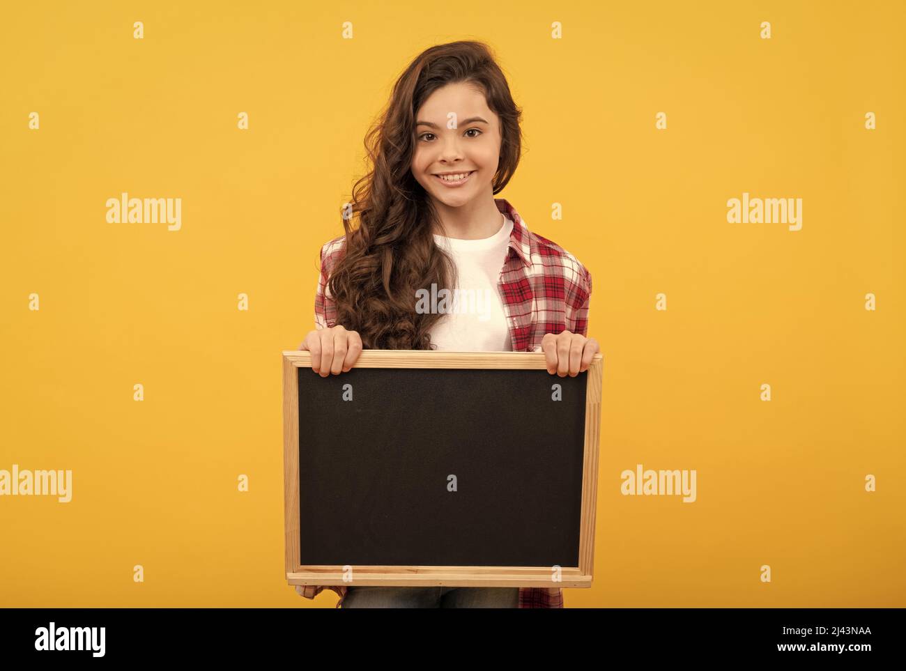 happy kid hold school blackboard for copy space, back to school Stock ...