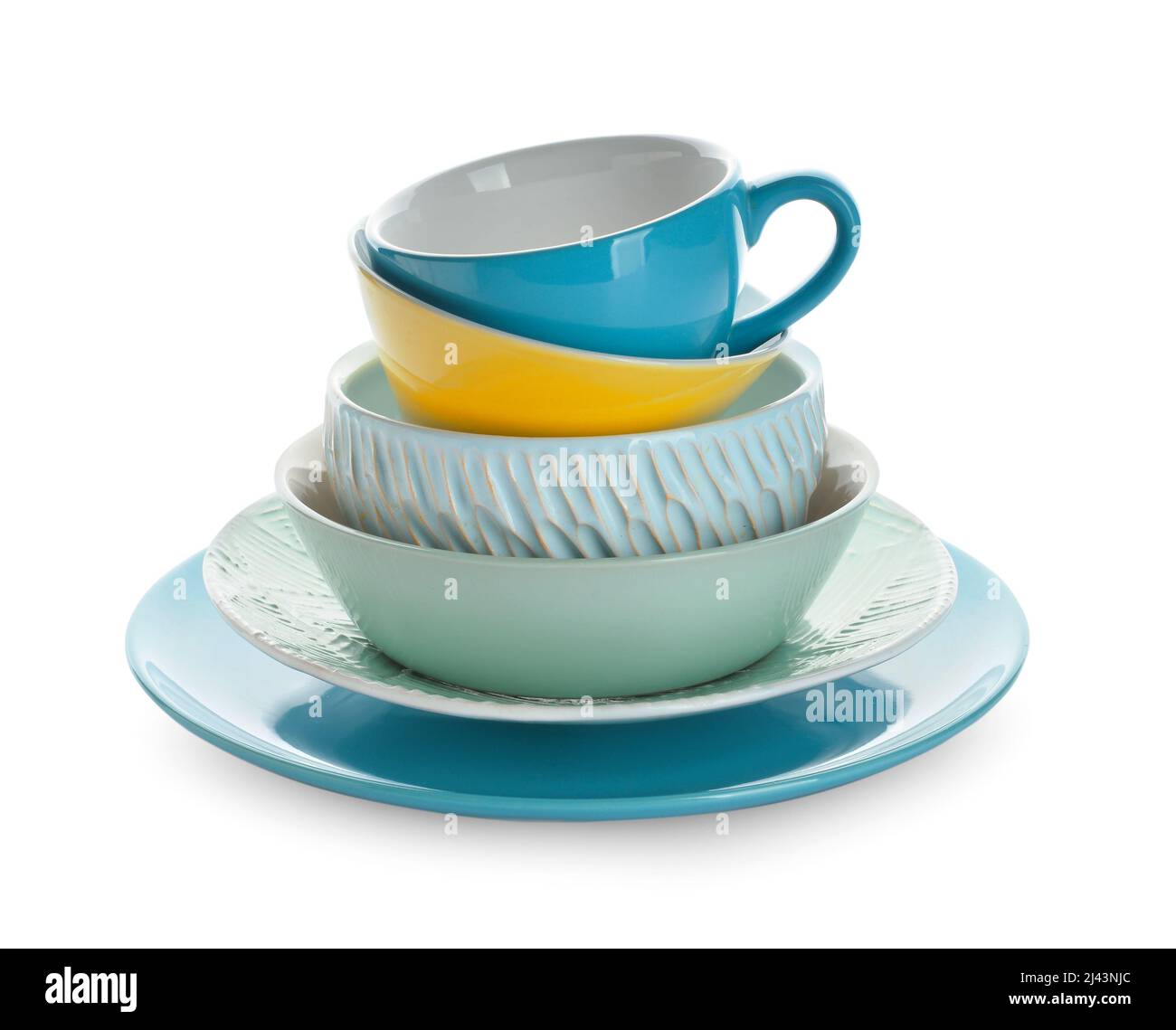 Set of stylish dinnerware on white background Stock Photo - Alamy
