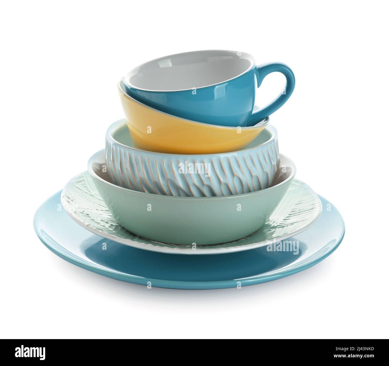 Set of stylish dinnerware on white background Stock Photo - Alamy