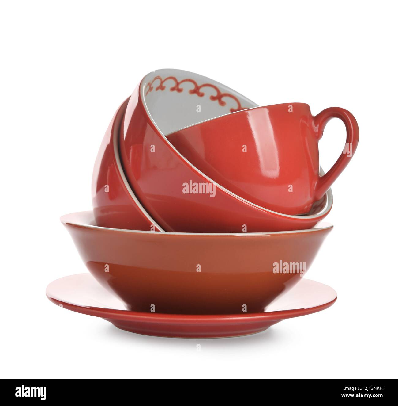 Set of stylish dinnerware on white background Stock Photo - Alamy