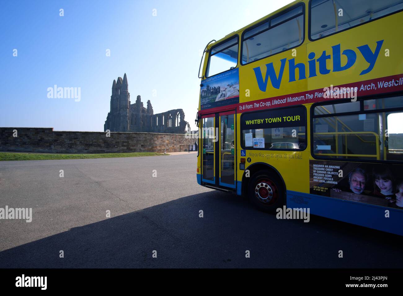 Whitby tour bus outside Whitby Abbey in Whitby North Yorkshire England ...