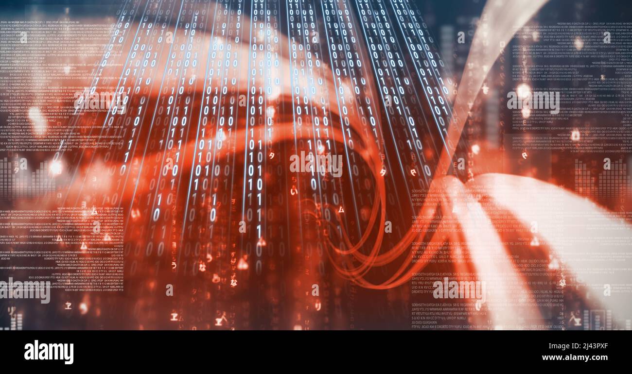 Digital Wave Over Binary Coding Data Processing On Orange Background