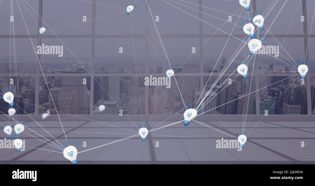 Network of connections against view of cityscape from office window ...