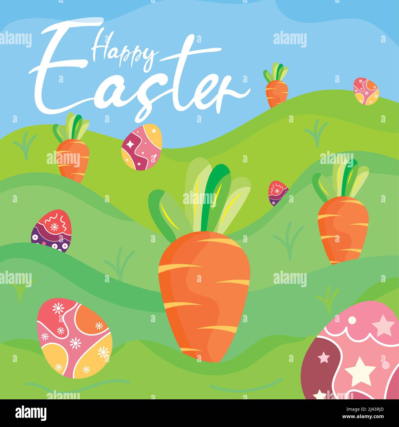 Field with carrots and easter eggs Happy easter season Vector Stock ...